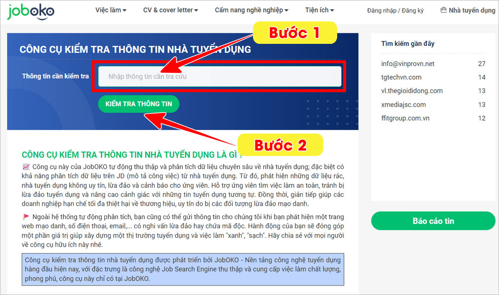 # Hướng dẫn sử dụng Công cụ kiểm tra thông tin nhà tuyển dụng # Nền tảng JobOKO